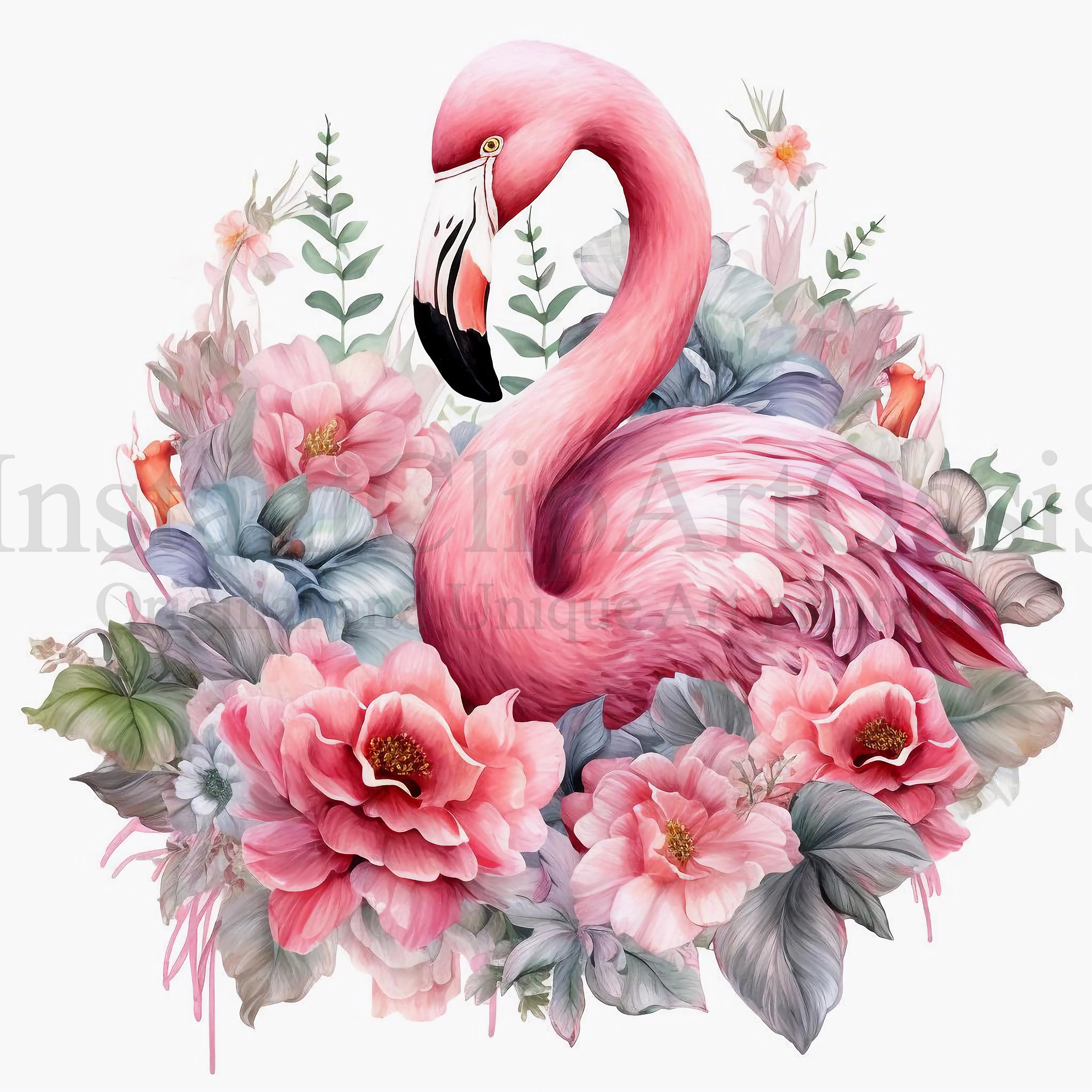 Floral Flamingo Clipart, 9 High Quality Jpgs, Nursery Art, Card Making ...