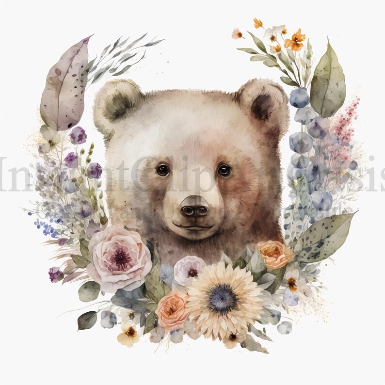 Floral Bears Clipart 10 High Quality Jpgs Nursery Art - Etsy