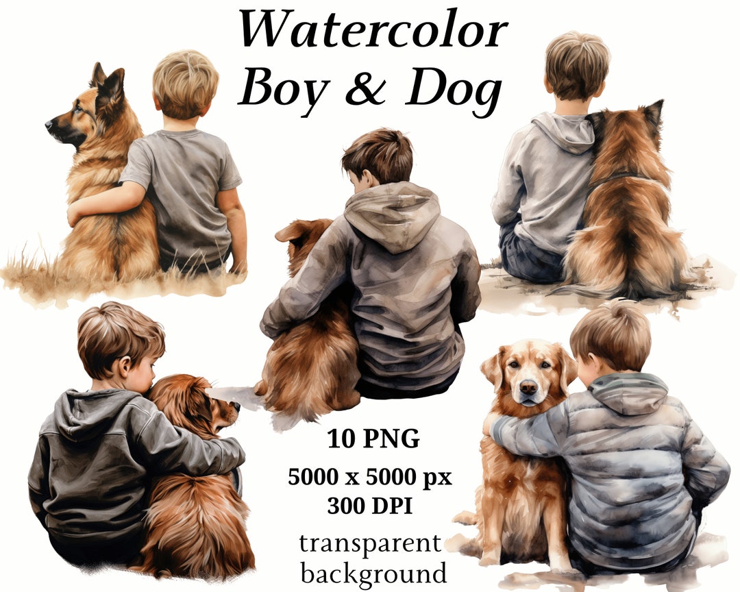 Boy & Dog Clipart - 10 High Quality Pngs, Digital Planner, Watercolor ...