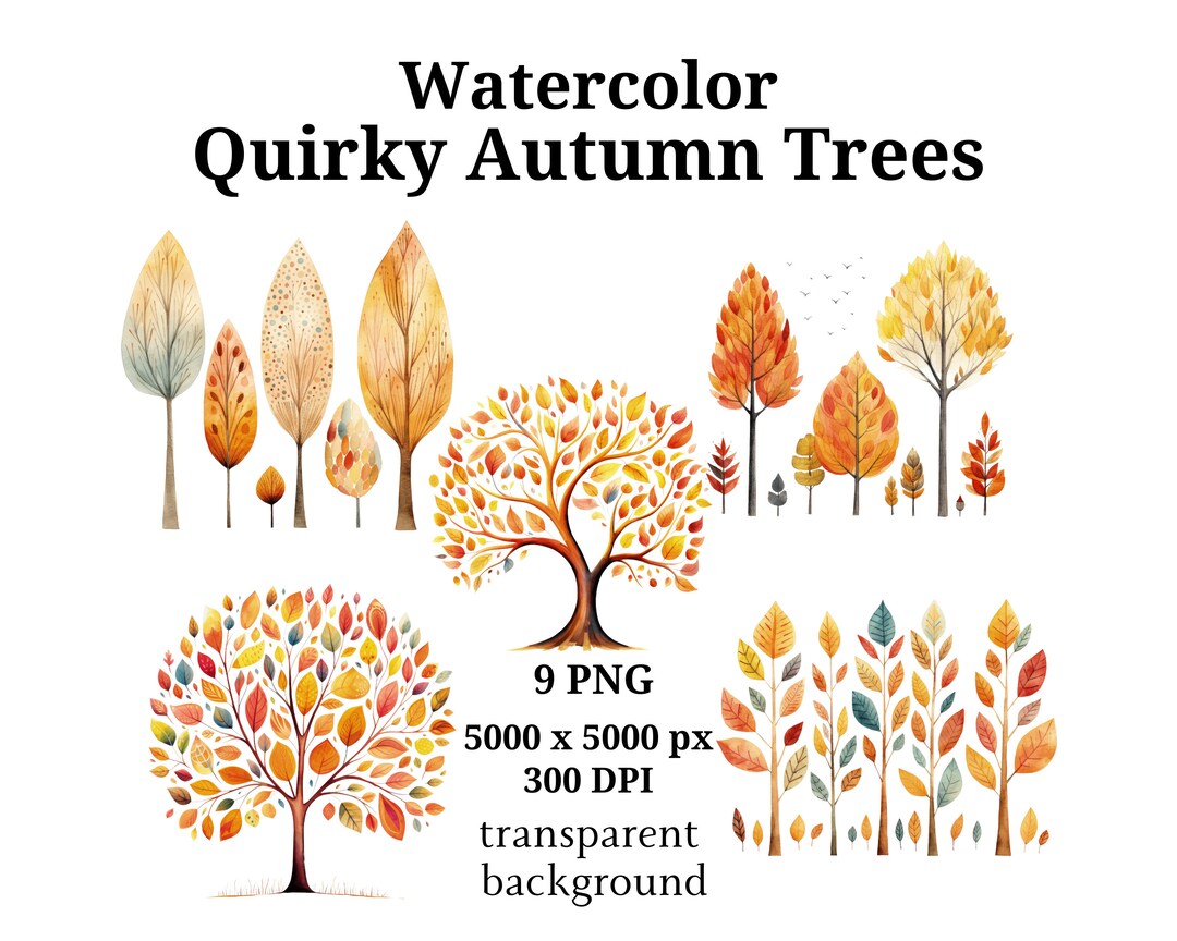 Quirky Autumn Trees Clipart, 9 High Quality Pngs, Botanical Art ...