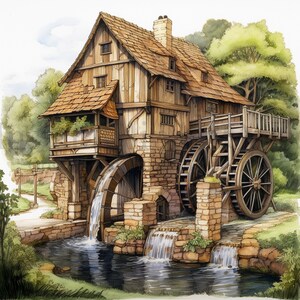 Watermill Clipart, 10 High Quality Jpgs, Watercolor Art, Digital ...