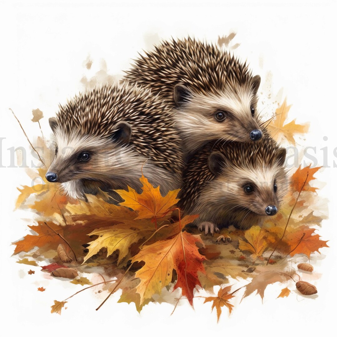Hedgehogs in Autumn Leaves Clipart, 8 High Quality Jpgs, Nursery Art ...