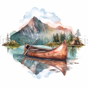 Canoe in Lake Clipart, 10 High Quality Jpgs, Watercolor Art, Digital ...