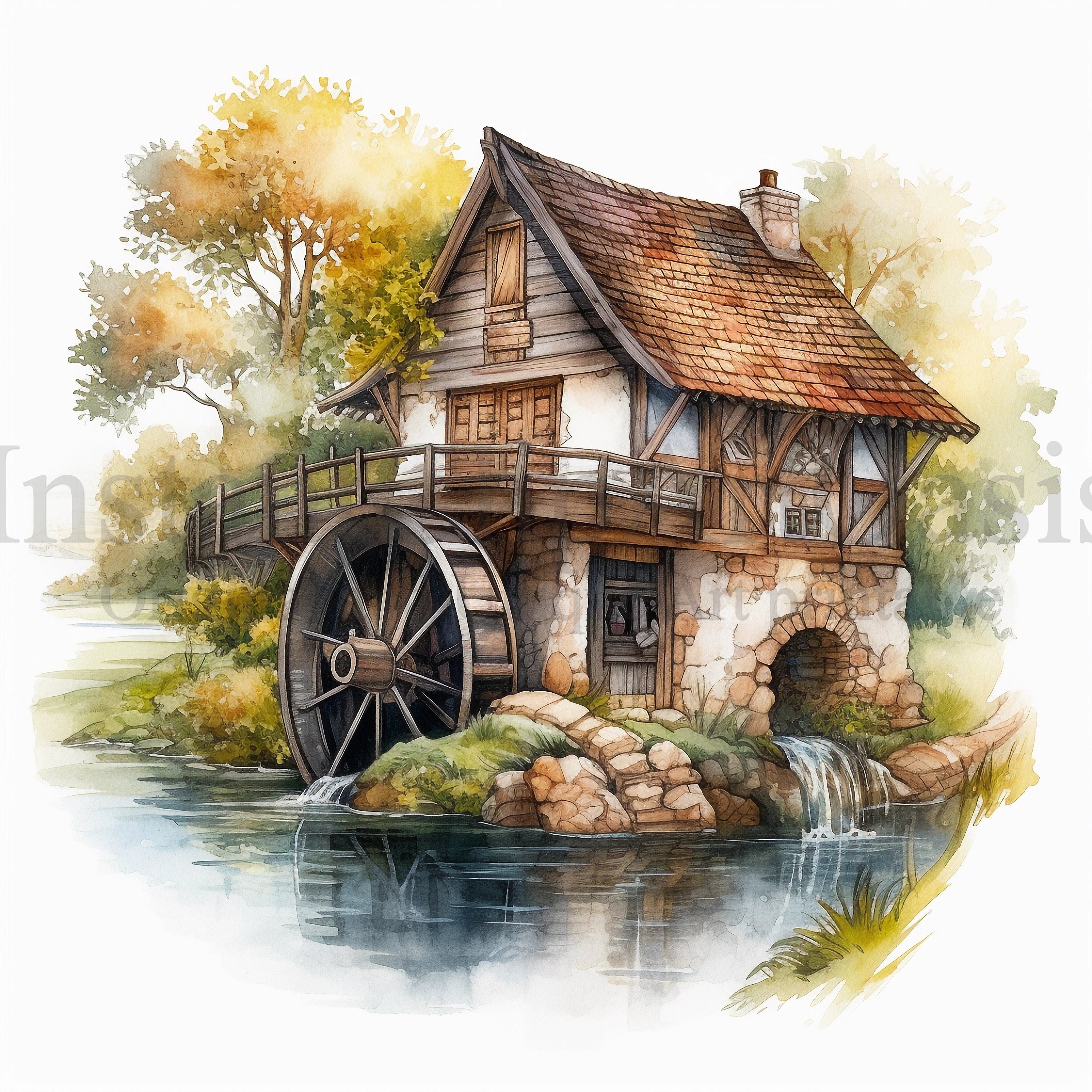 Watermill Clipart, 10 High Quality Jpgs, Watercolor Art, Digital ...