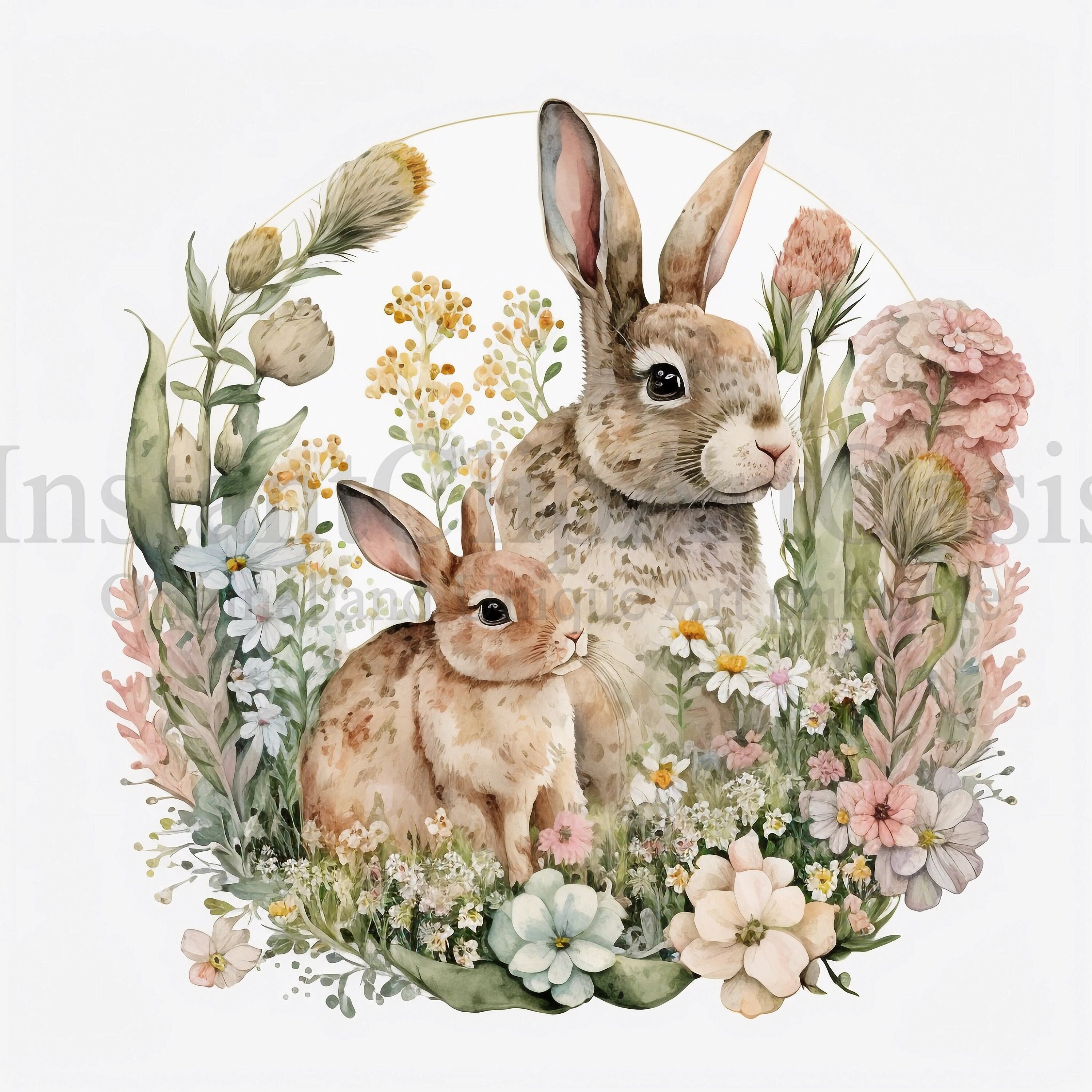 Floral Bunnies Clipart | Set 2 | 10 High Quality Jpgs, Nursery Art ...