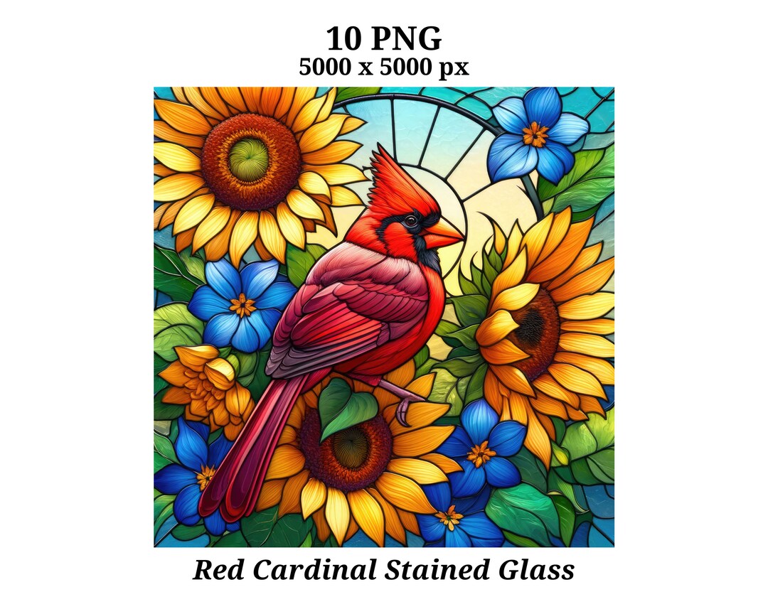 Red Cardinal Stained Glass | 10 High Quality Jpgs | Sunflowers & Blue ...