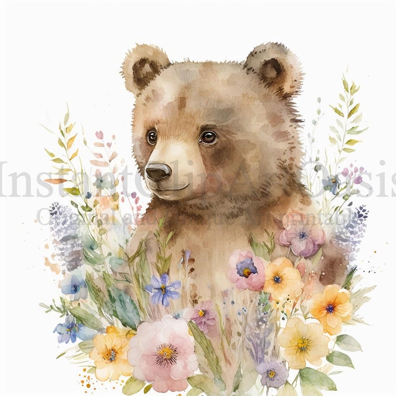 Floral Bears Clipart 10 High Quality Jpgs Nursery Art - Etsy
