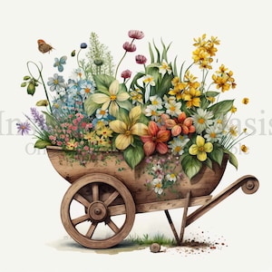 Wheelbarrow With Flowers Clipart, 10 High Quality Jpgs, Floral Art ...