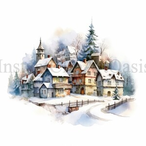 Winter Village Clipart, 10 High Quality Jpgs, Watercolor Art, Digital ...