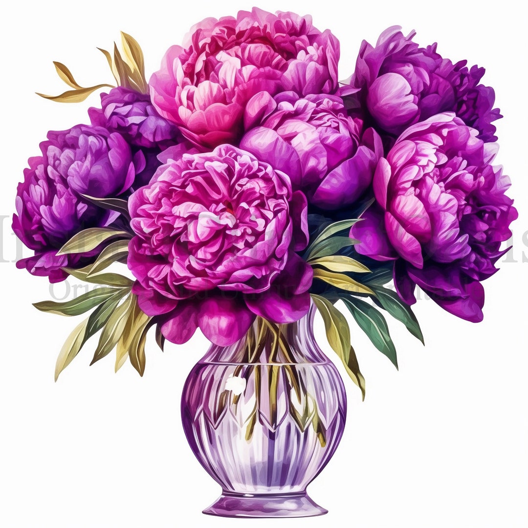 Vase of Purple Peonis Clipart, 10 High Quality Jpgs, Botanical Art ...