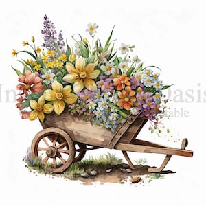 Wheelbarrow With Flowers Clipart, 10 High Quality Jpgs, Floral Art ...
