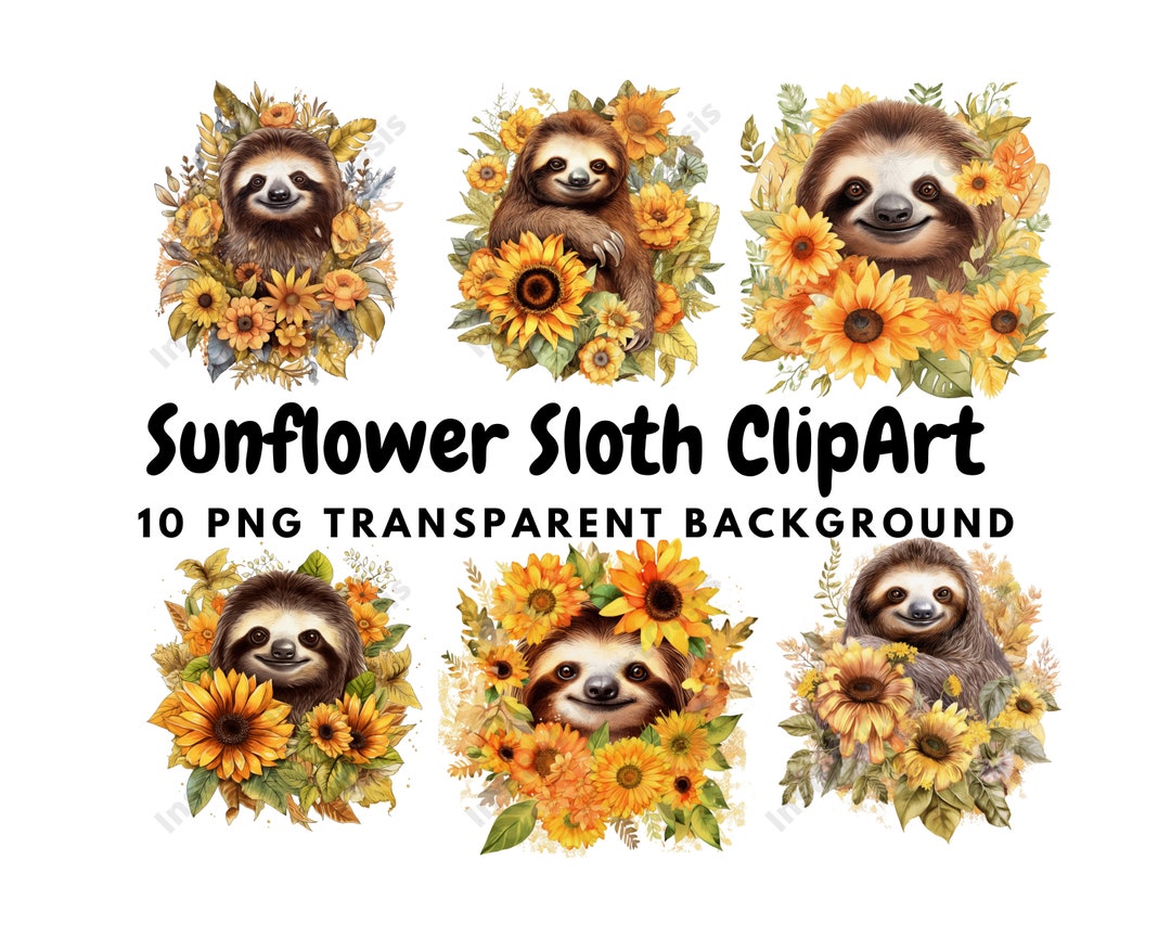 10 High Quality Pngs - Sunflower Sloth Clipart, Nursery Art, Digital ...