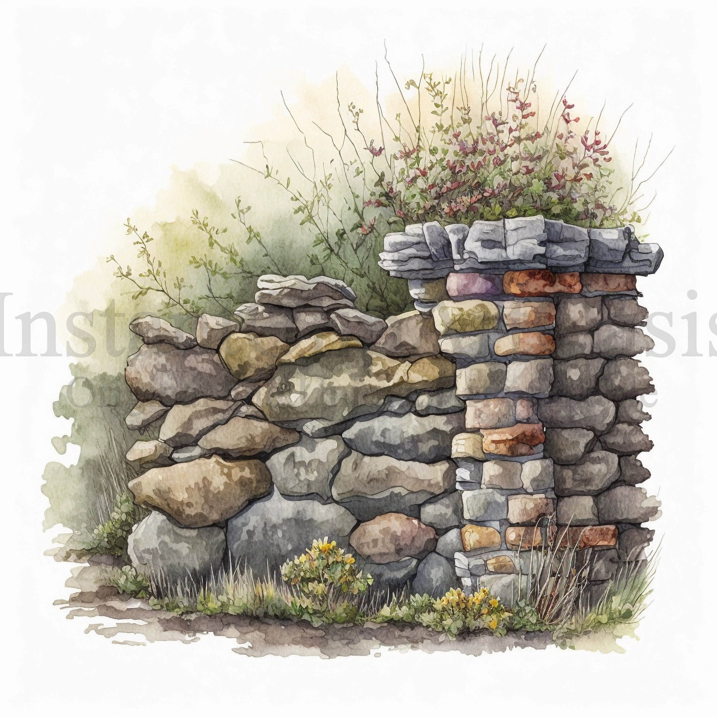 Rustic Stone Walls Clipart, 10 High Quality Jpgs, Watercolor Art ...
