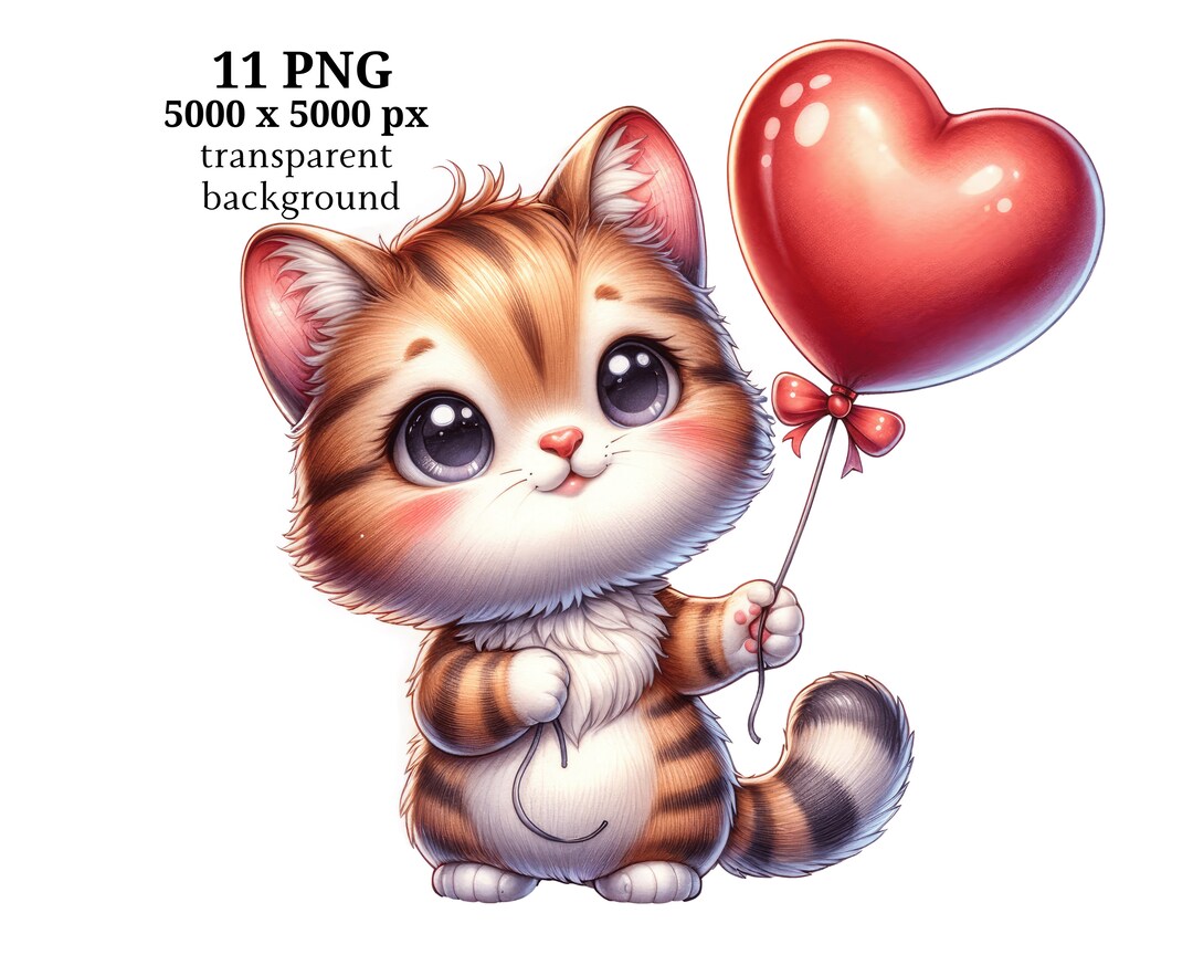 Cat With Heart Clipart, 11 High Quality Pngs, Digital Download, Card ...