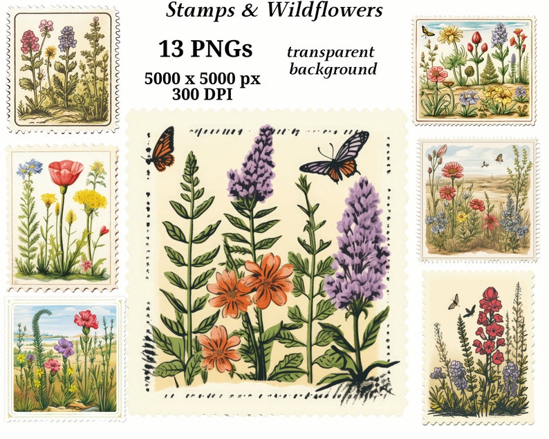 Stamps & Wildflowers - 13 High Quality Pngs, Digital Download, Card ...