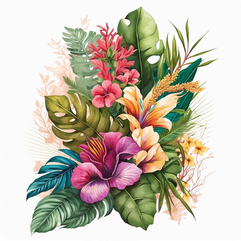 Tropical Flowers Clipart 10 High Quality Jpgs Botanical Art - Etsy