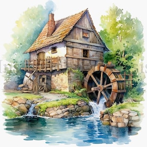 Watermill Clipart, 10 High Quality Jpgs, Watercolor Art, Digital ...