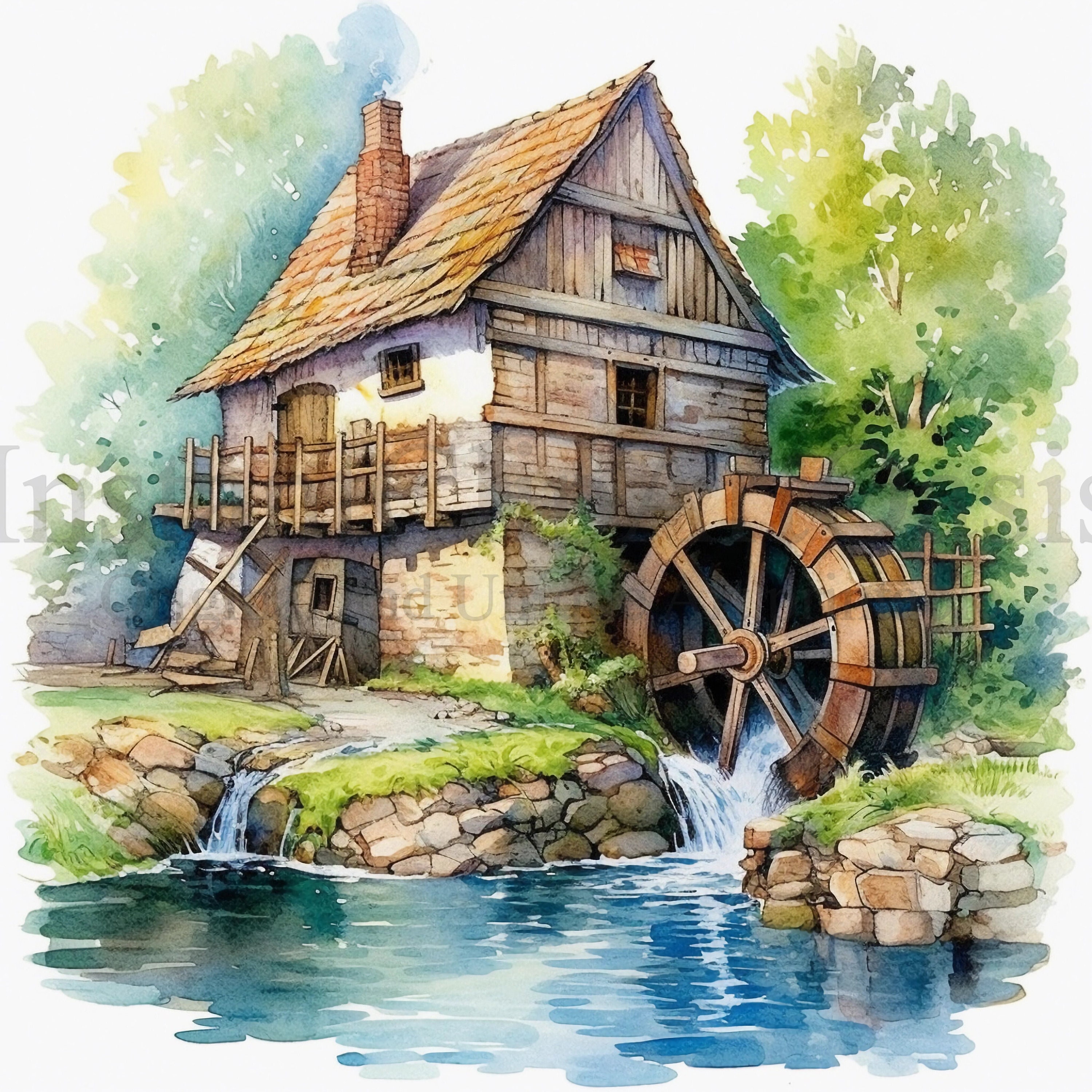 Watermill Clipart, 10 High Quality Jpgs, Watercolor Art, Digital ...
