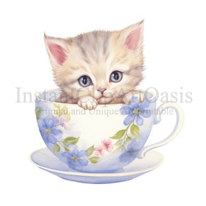 Cute Kittens in a Teacup Clipart, 10 High Quality Pngs, Nursery Art ...