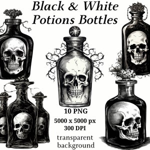 Black & White Potions Bottles Clipart, 10 High Quality Pngs, Digital ...