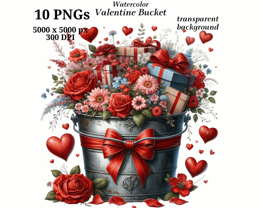 Valentine Bucket Clipart, 10 High Quality Pngs, Digital Download, Card ...
