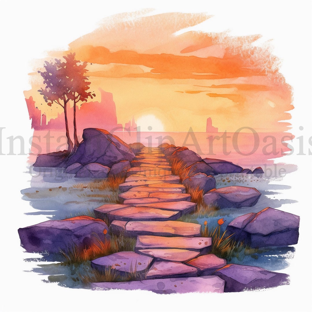 Sunset Stone Path Clipart, 10 High Quality Jpgs, Watercolor Art ...