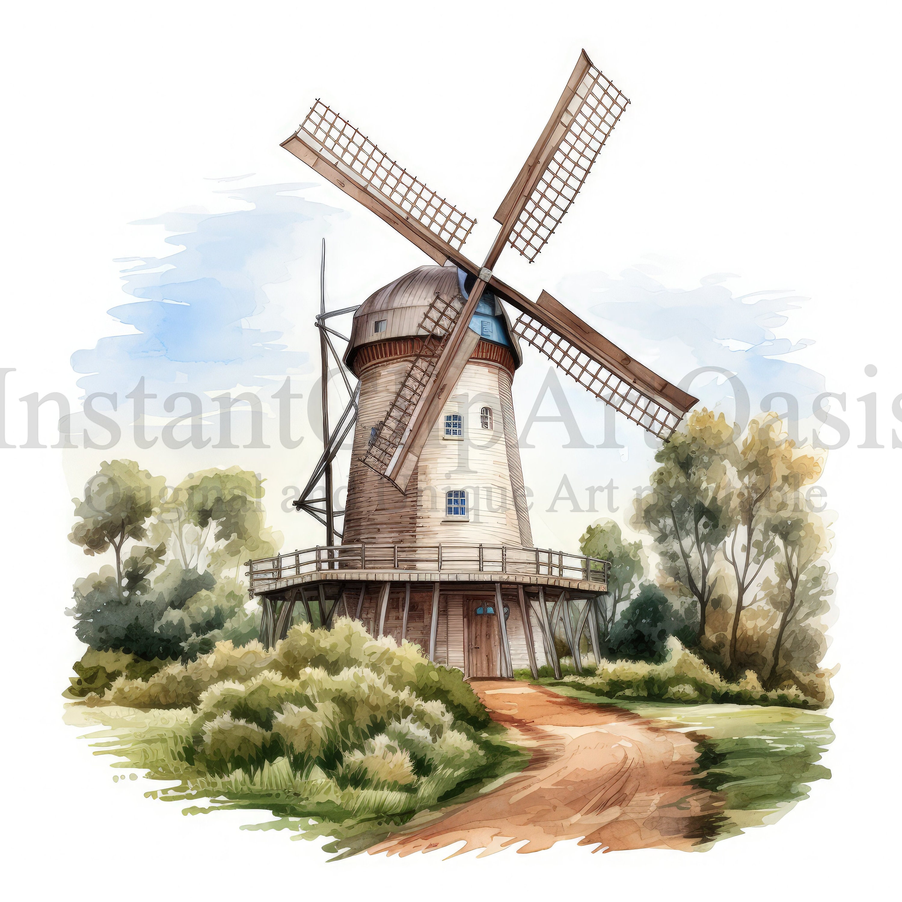 Watercolor Windmill Clipart, 11 High Quality Jpgs, Watercolor Art ...