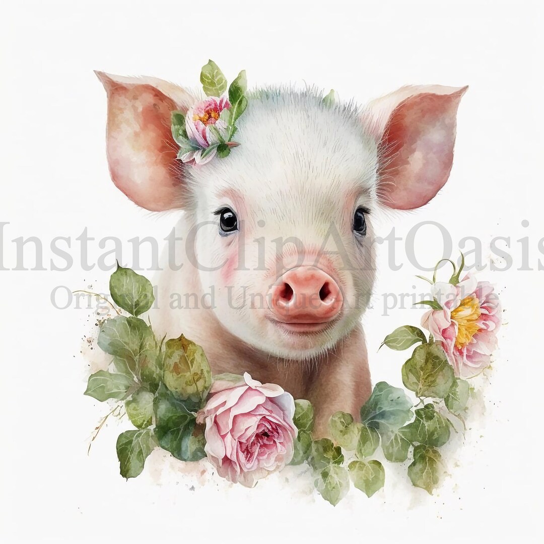 Floral Piglet Clipart, 10 High Quality Jpgs, Nursery Art | Card Making ...