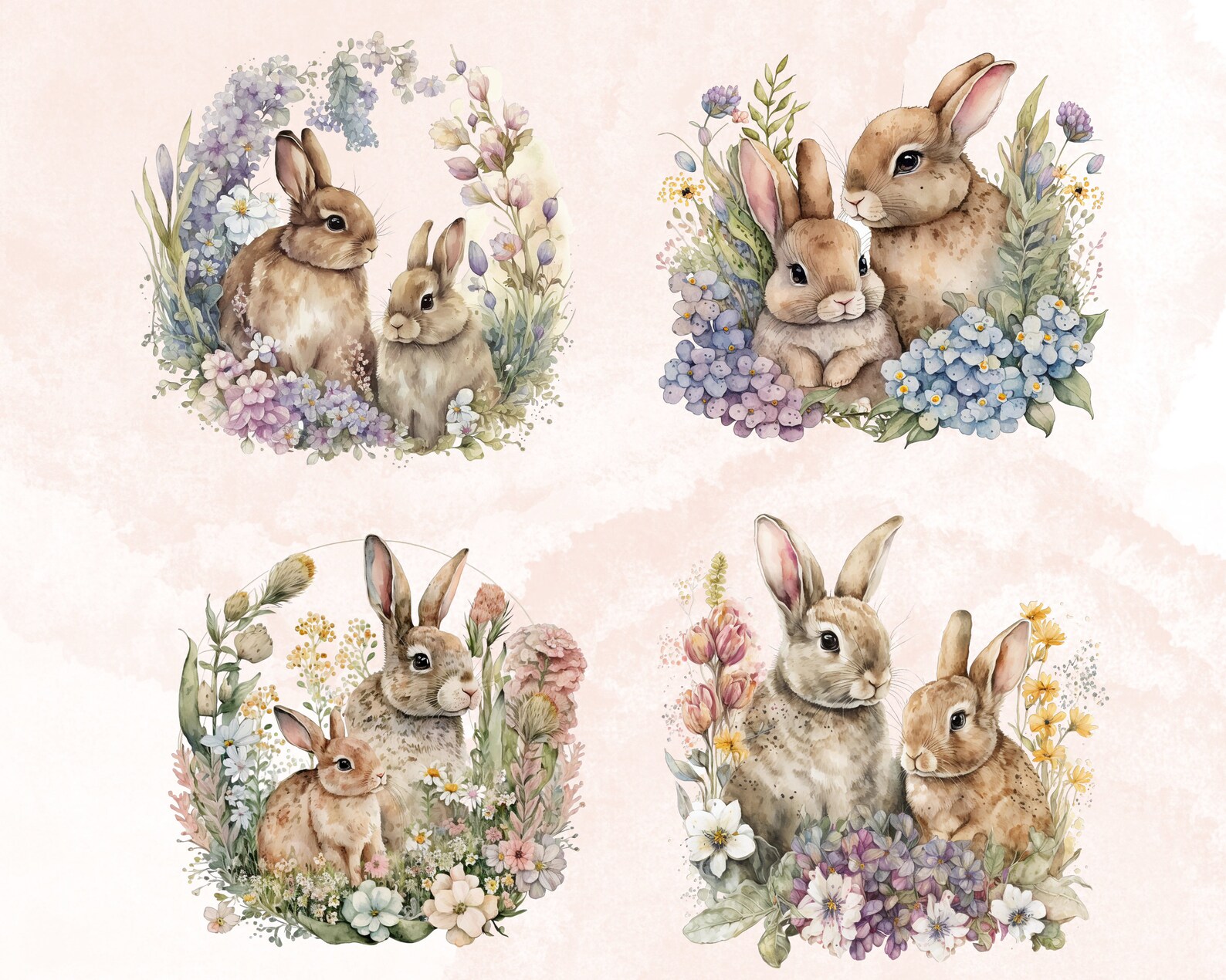 Floral Bunnies Clipart | Set 2 | 10 High Quality Pngs, Nursery Art ...