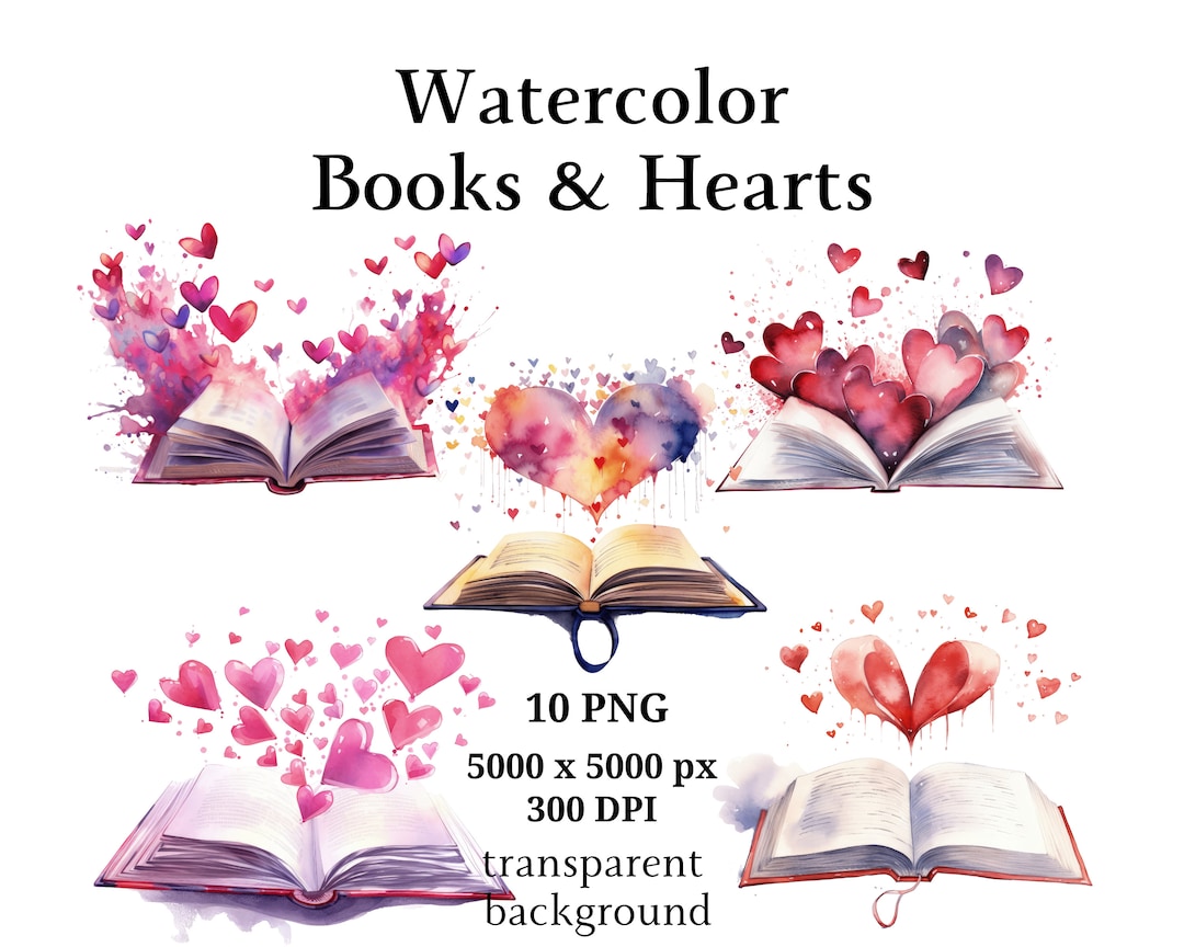 Books & Hearts Clipart, 10 High Quality Pngs, Digital Planners, Junk ...