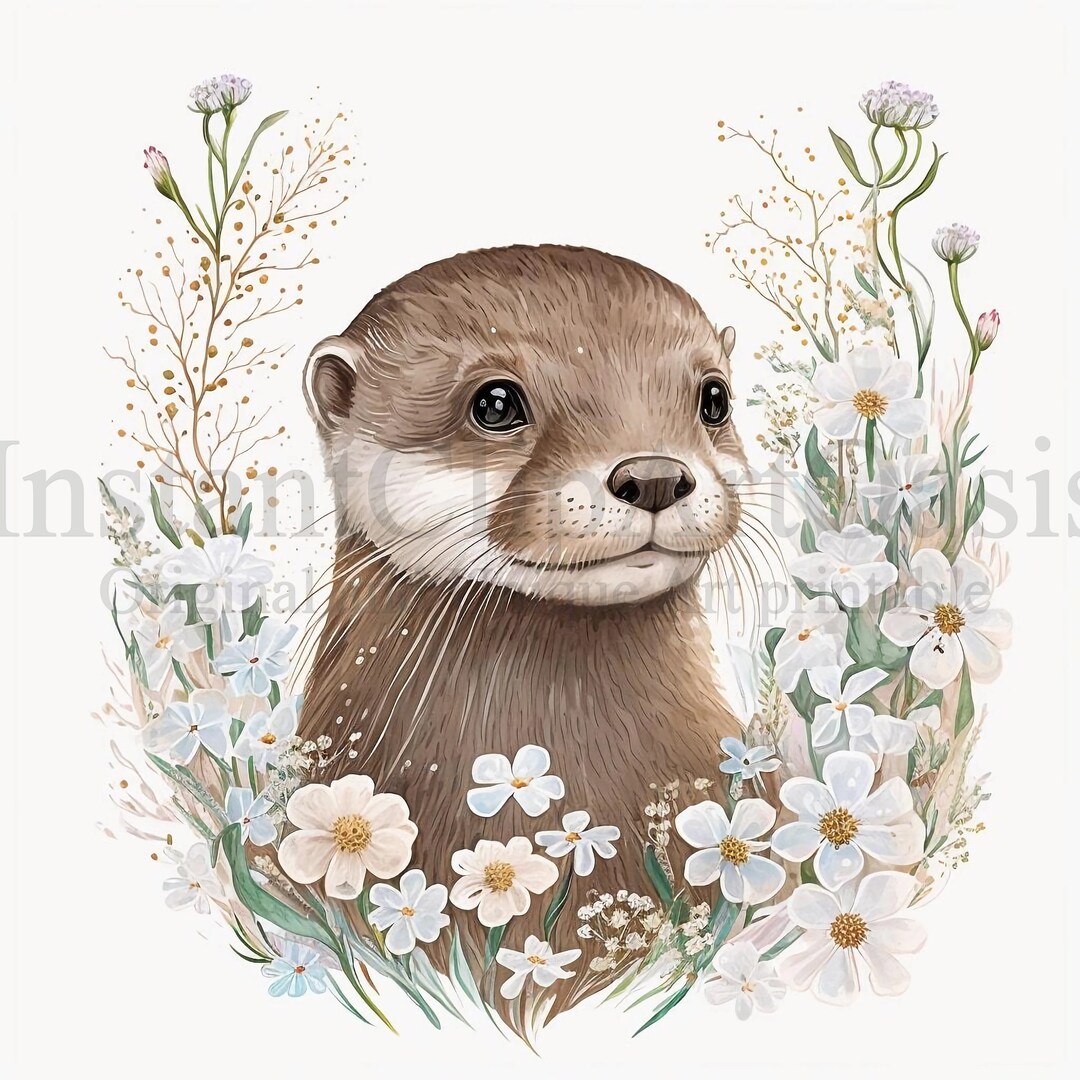 Floral Otters Clipart, 10 High Quality Jpgs, Nursery Art, Digital ...