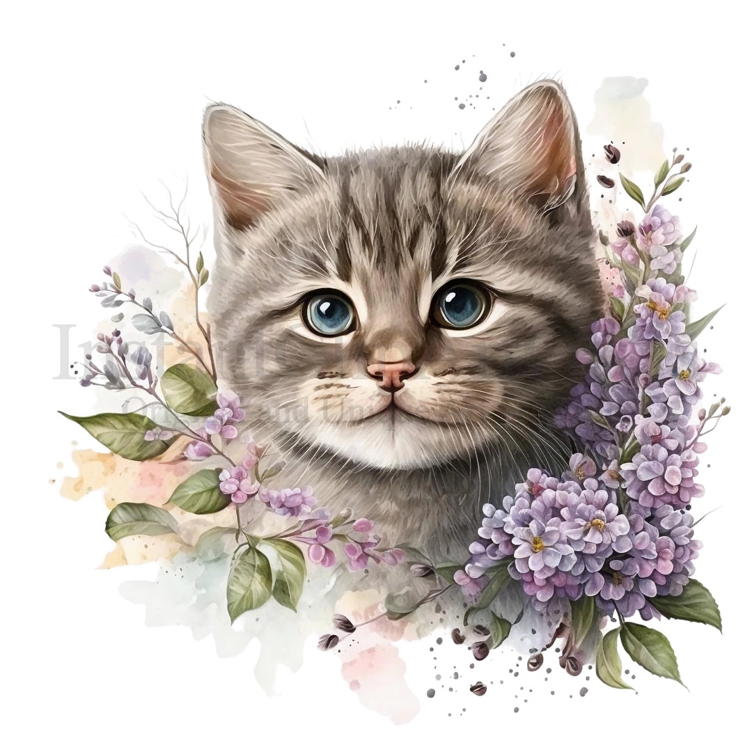 Floral Cats Clipart, 10 High Quality Pngs, Nursery Art, Digital Planner, Watercolor, Card Making ...