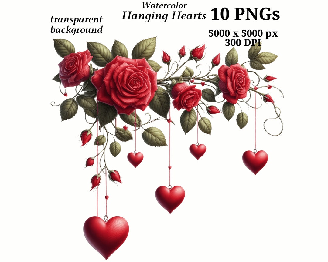Hanging Hearts Clipart, 10 High Quality Pngs, Digital Download, Card ...