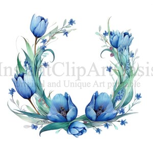 Blue Tulips Wreath Clipart, 10 High Quality Jpgs, Card Making, Wreath ...