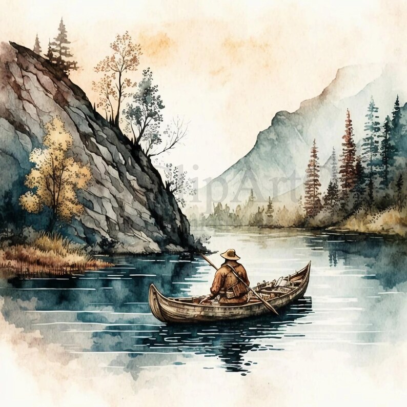 Vintage Canoe Clipart, 9 High Quality Jpgs, Watercolor Art, Digital ...