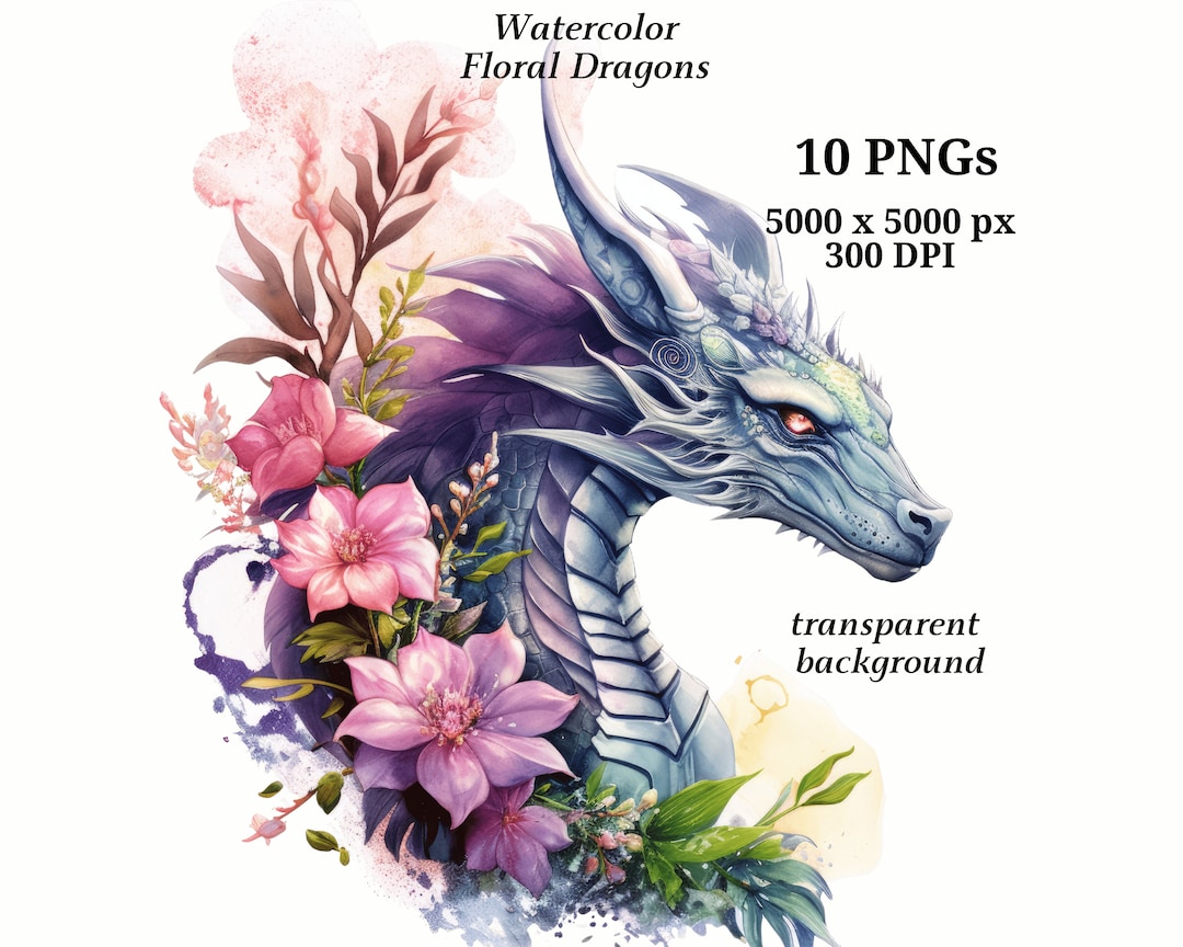 Floral Dragons Clipart | Set-2 | 10 High Quality Pngs, Fantasy Dragon ...