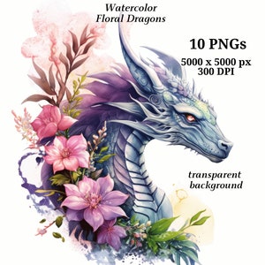 Floral Dragons Clipart | Set-2 | 10 High Quality Pngs, Fantasy Dragon ...