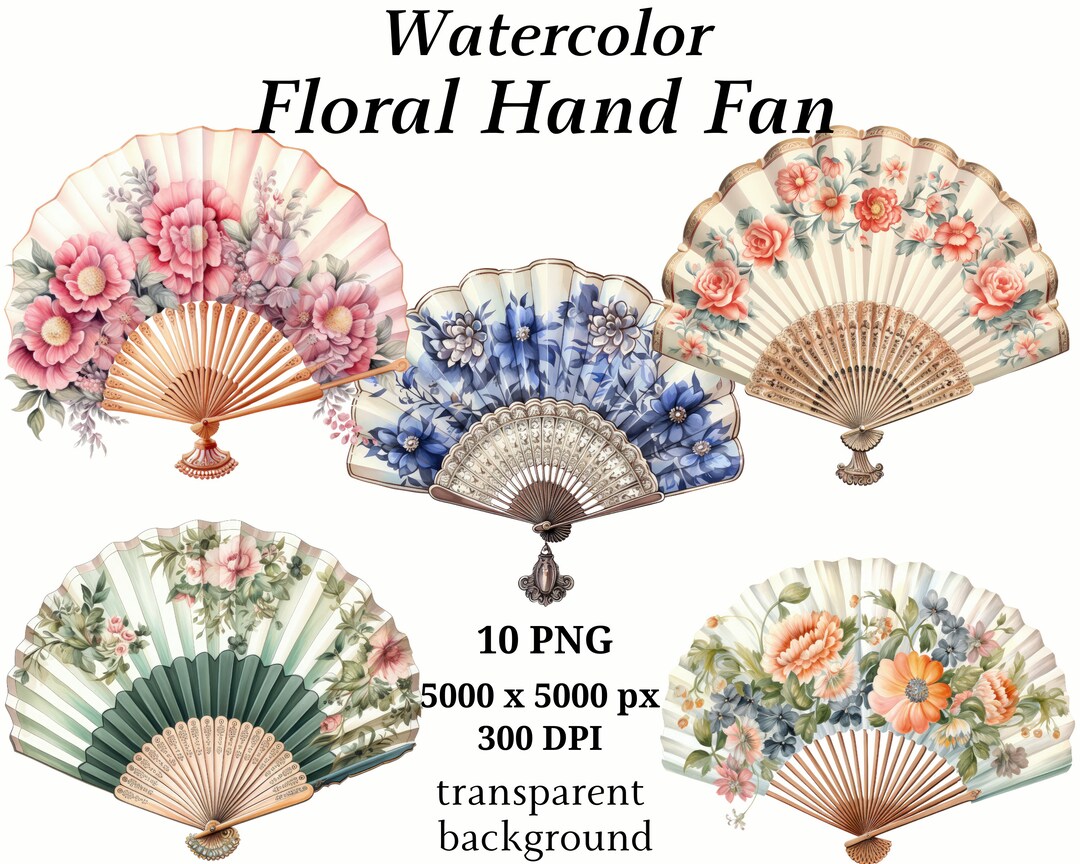 Floral Hand Fan Clipart - 10 High Quality Pngs, Watercolor, Digital ...