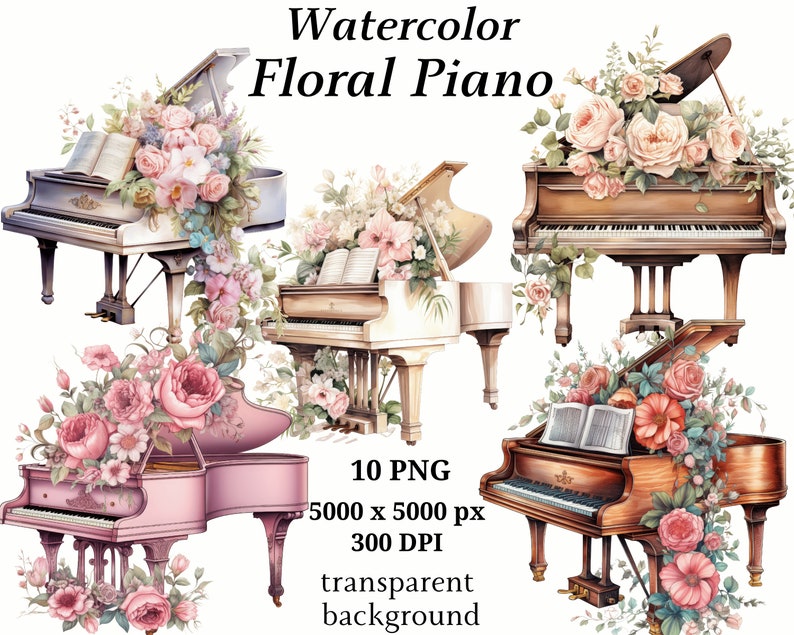 Floral Piano Clipart - 10 High Quality Pngs, Digital Planners, Junk ...