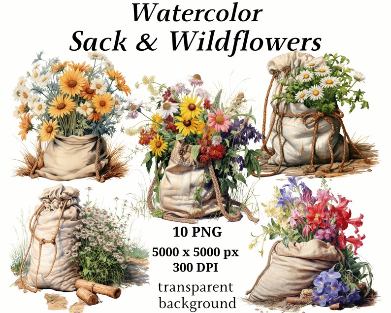 Sack & Wildflowers Clipart, 10 High Quality Pngs, Digital Download ...