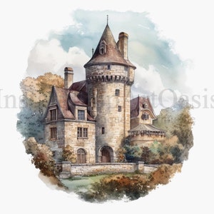 French Castle Clipart, 10 High Quality Jpgs, Watercolor Art, Digital ...