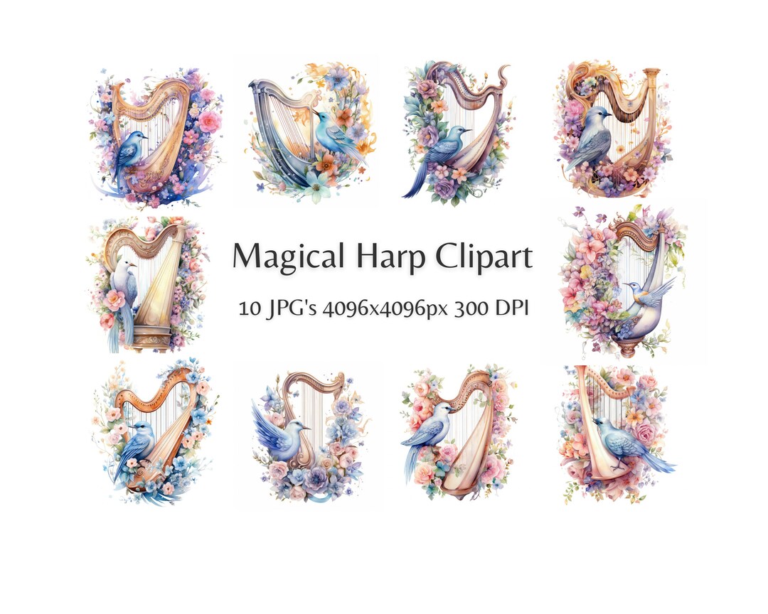 Watercolor Magical Harp Clipart, 10 High Quality Jpgs, Instant Digital ...