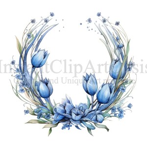 Blue Tulips Wreath Clipart, 10 High Quality Jpgs, Card Making, Wreath ...