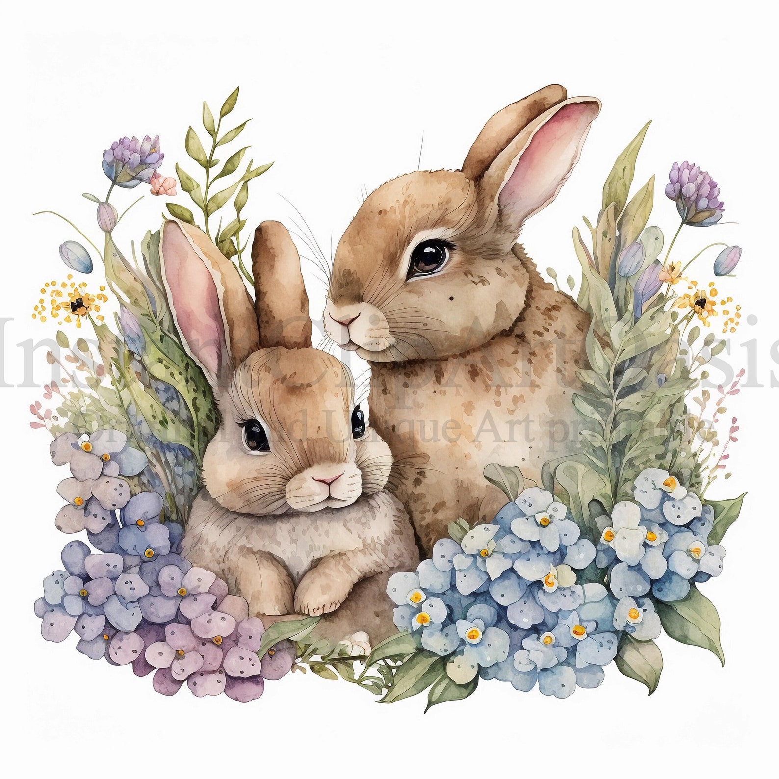 Floral Bunnies Clipart | Set 2 | 10 High Quality Jpgs, Nursery Art ...