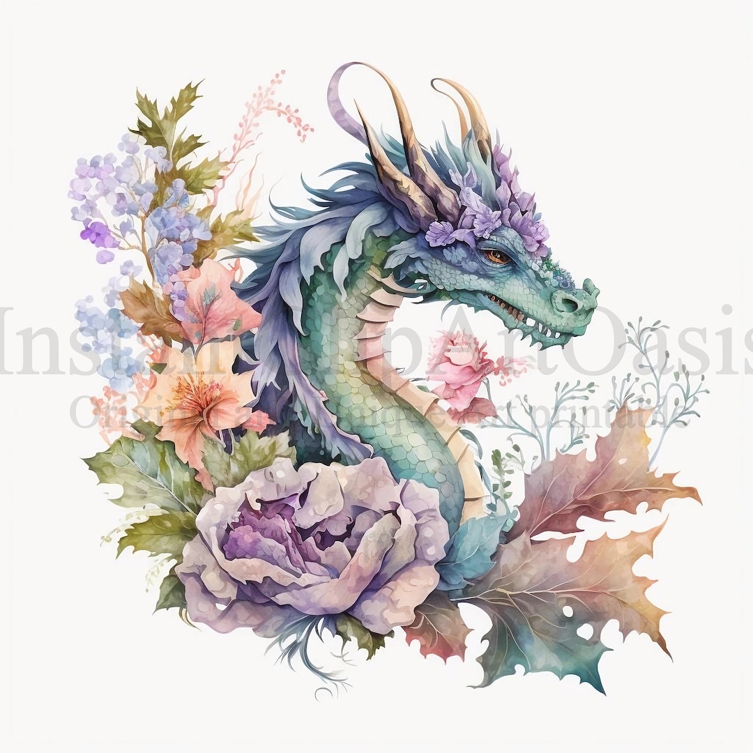 Floral Dragons Clipart, 10 High Quality Jpgs, Fantasy Dragon, Instant ...