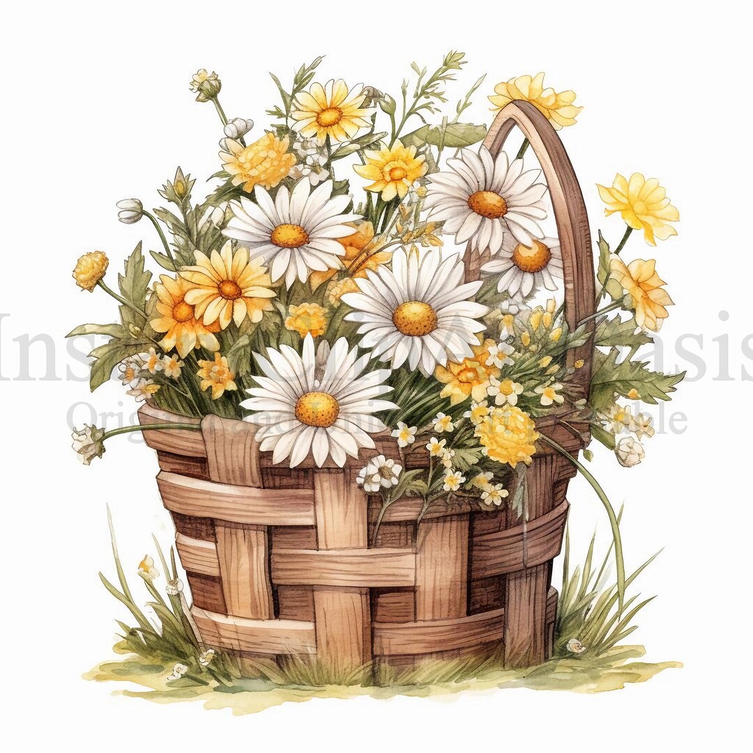 Daisies Basket Clipart, 10 High Quality Jpgs, Junk Journaling, Digital ...