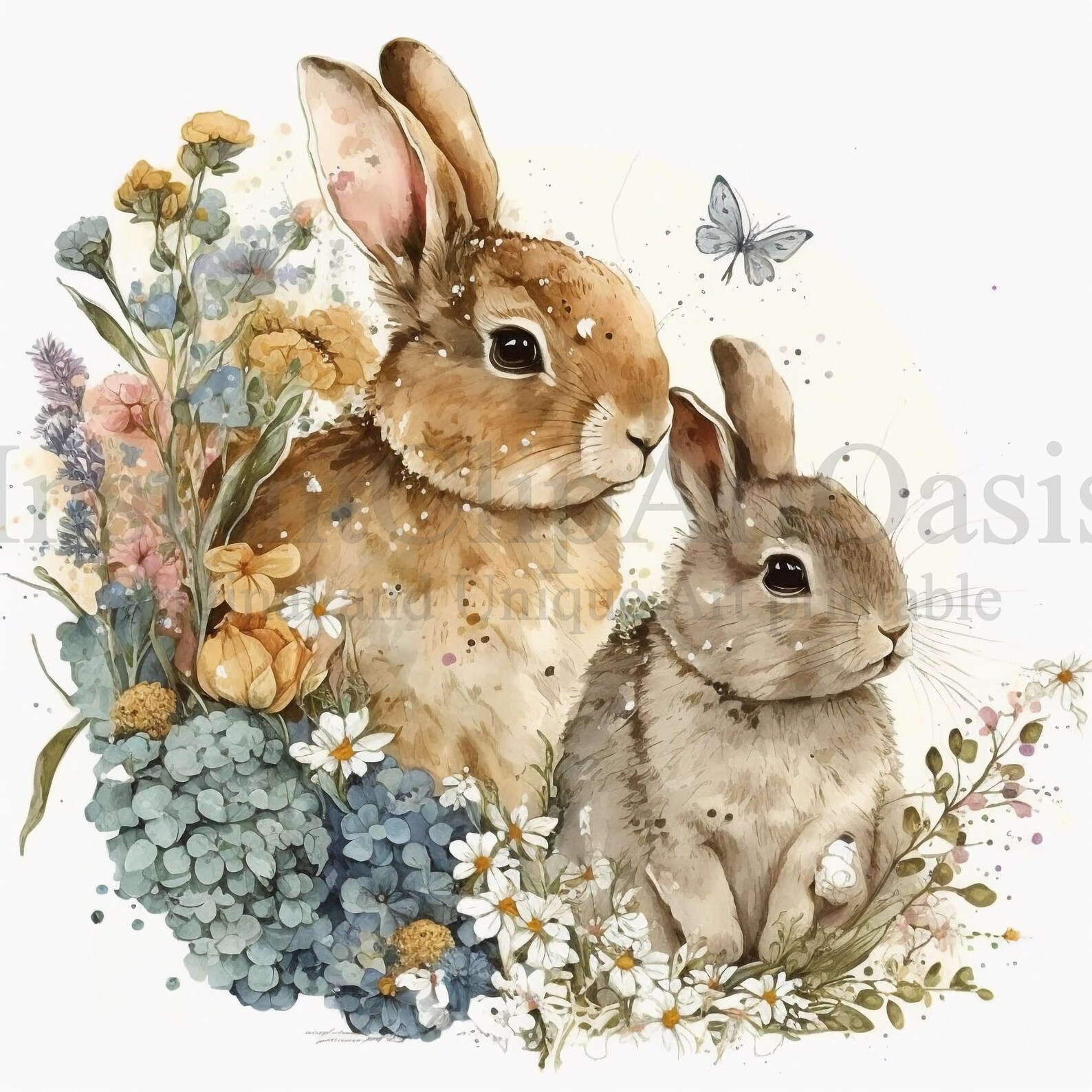 Floral Bunnies Clipart | Set 2 | 10 High Quality Jpgs, Nursery Art ...