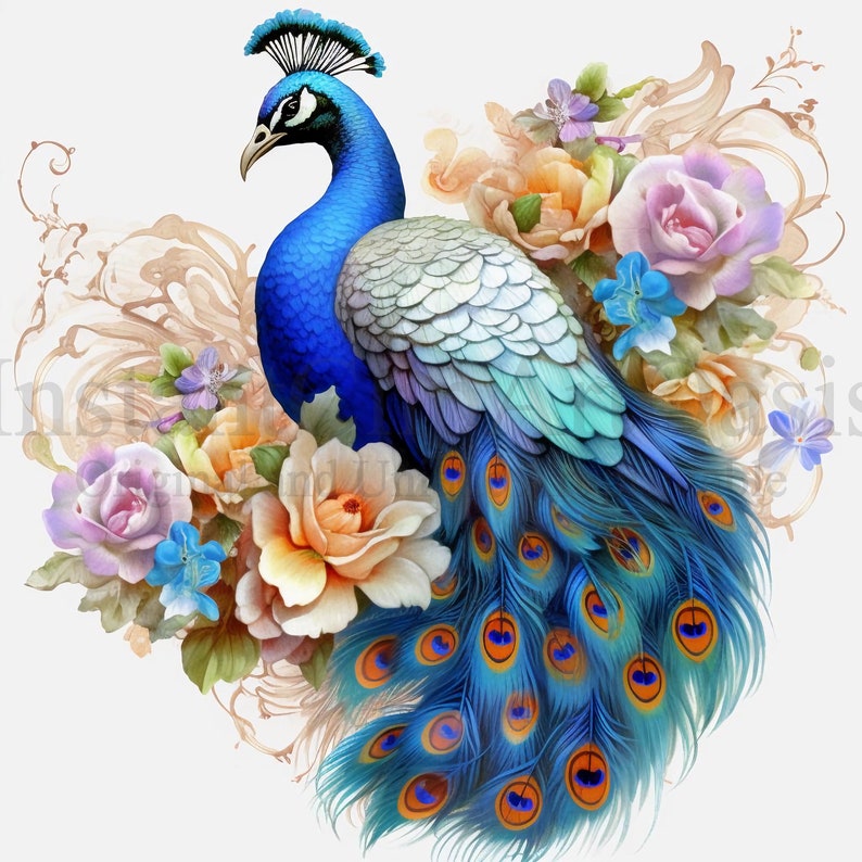 Floral Peacock Clipart, 10 High Quality Jpgs, Nursery Art, Card Making ...