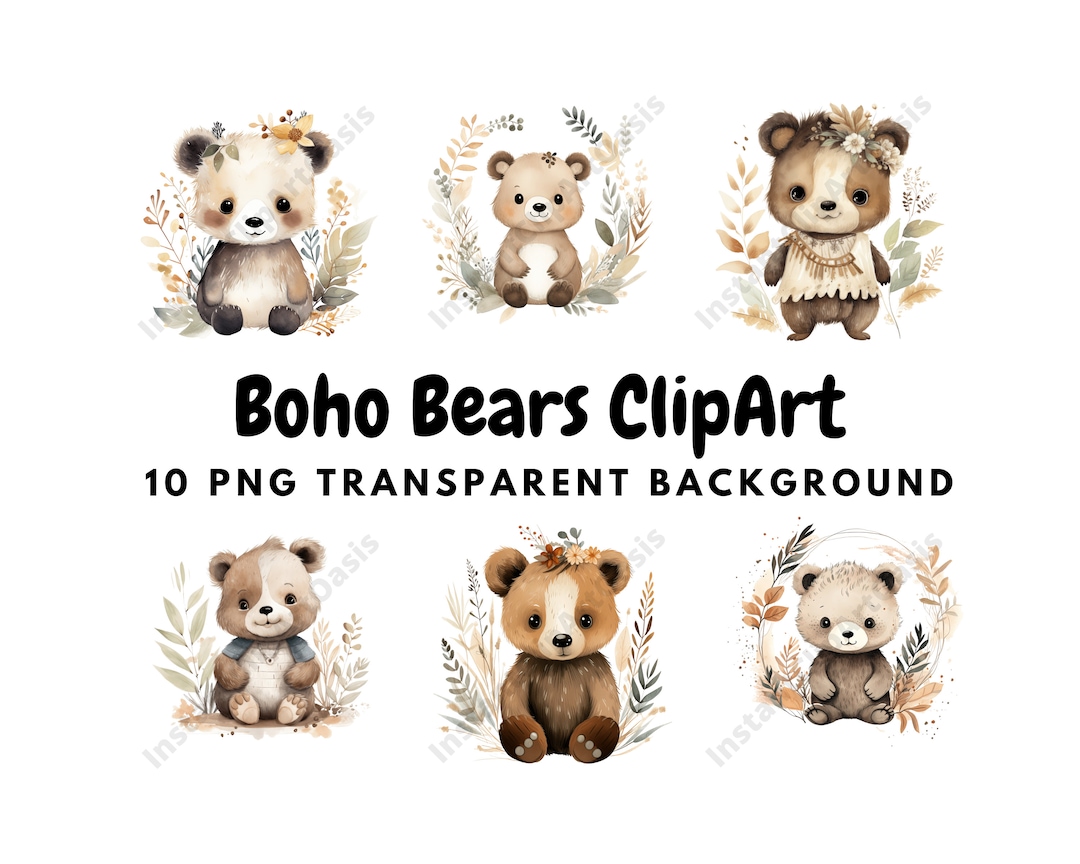 Boho Bears Clipart, 10 High Quality Pngs, Bear Clipart, Instant Digital Download | Card Making ...