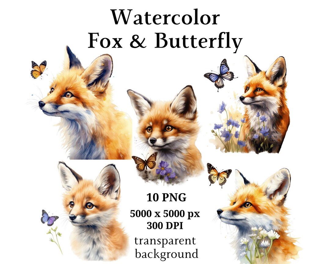 Fox and Butterfly Clipart, 10 High Quality Pngs, Digital Download, Card ...